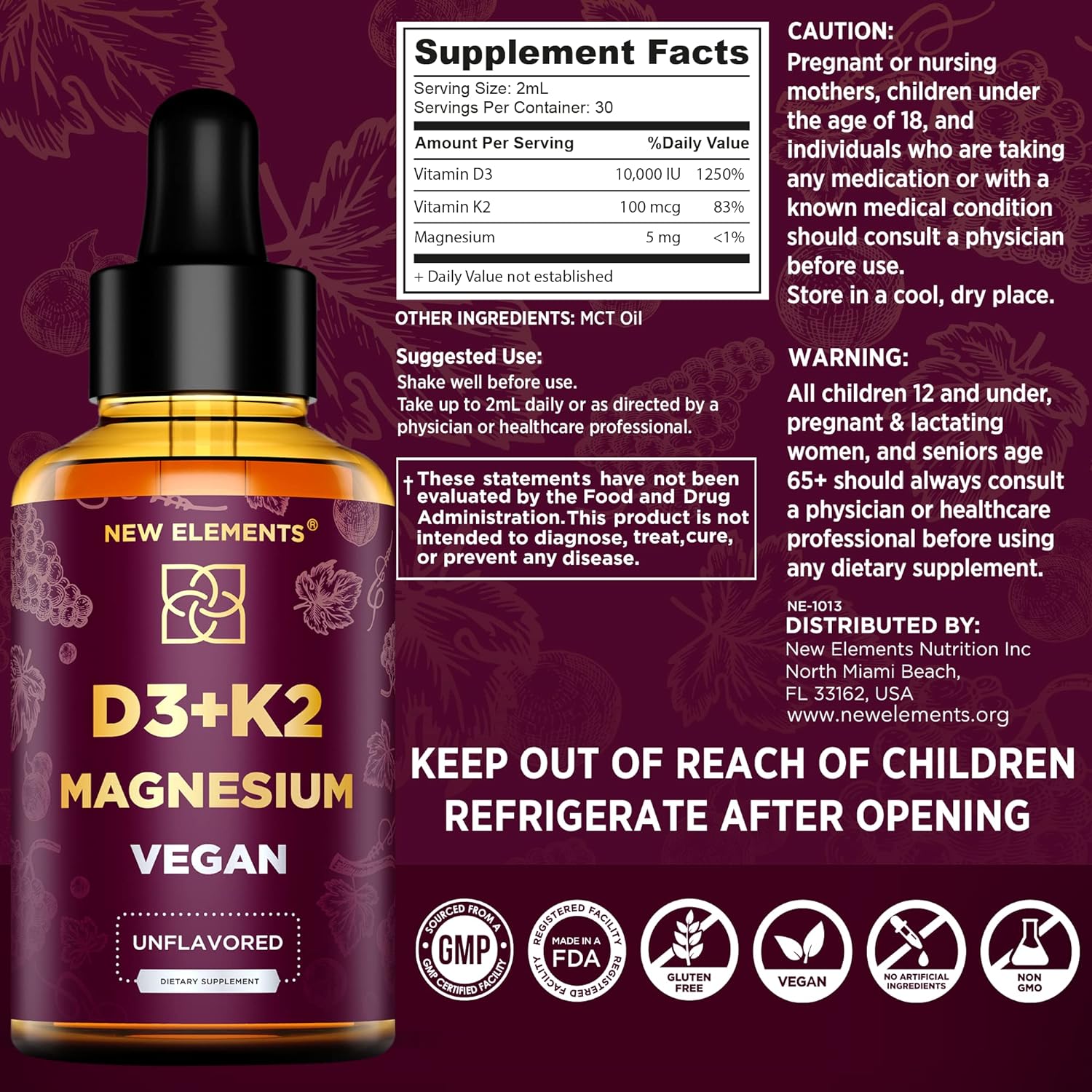 Vitamin D3 + K2 + Magnesium Liquid Drops | New Elements
